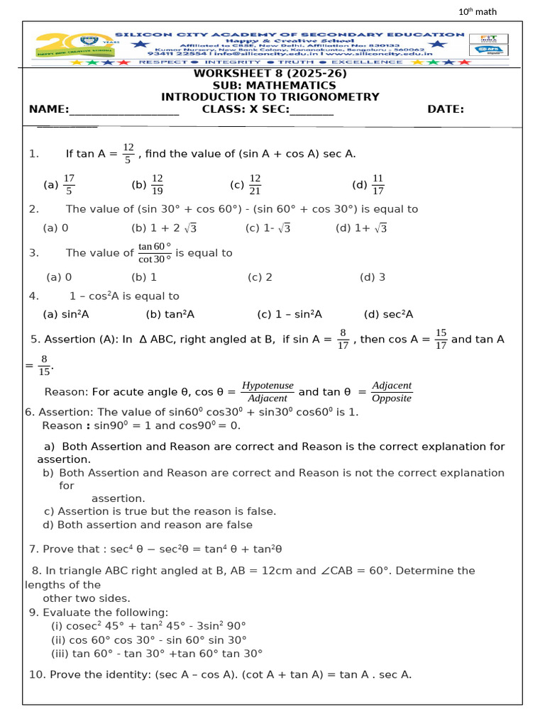 Class 10 Trigonometry Worksheet 2025-26 | PDF | Trigonometry | Euclid