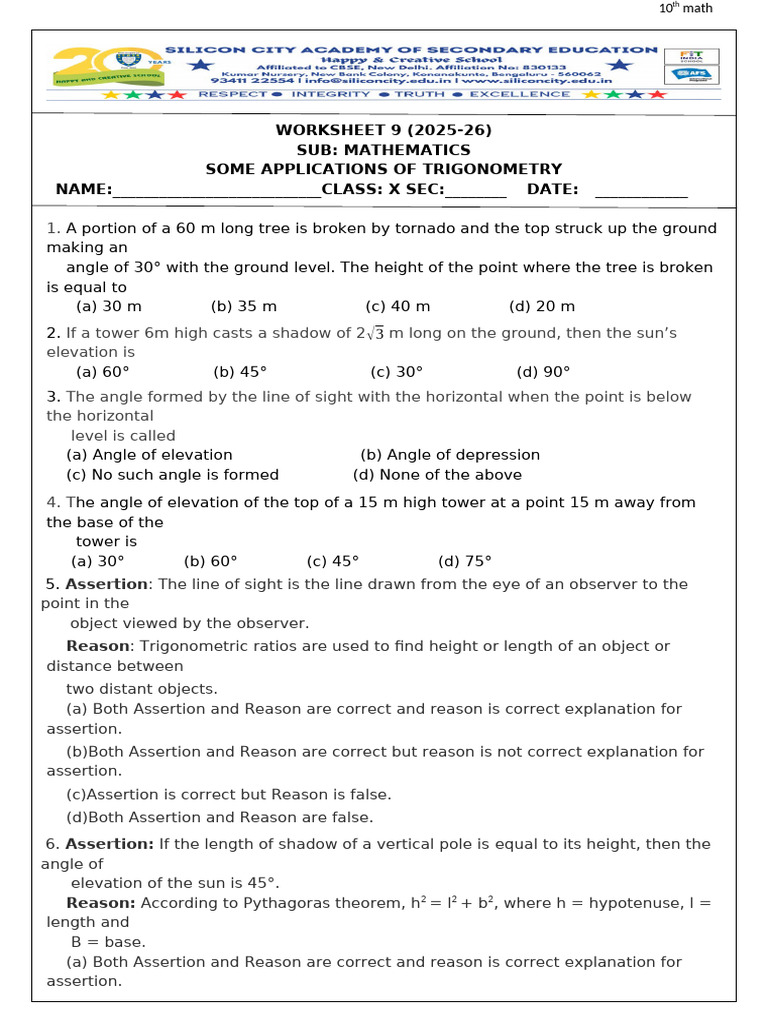 10th Applications of Trigonometry Worksheet 9 25-26 | PDF ...