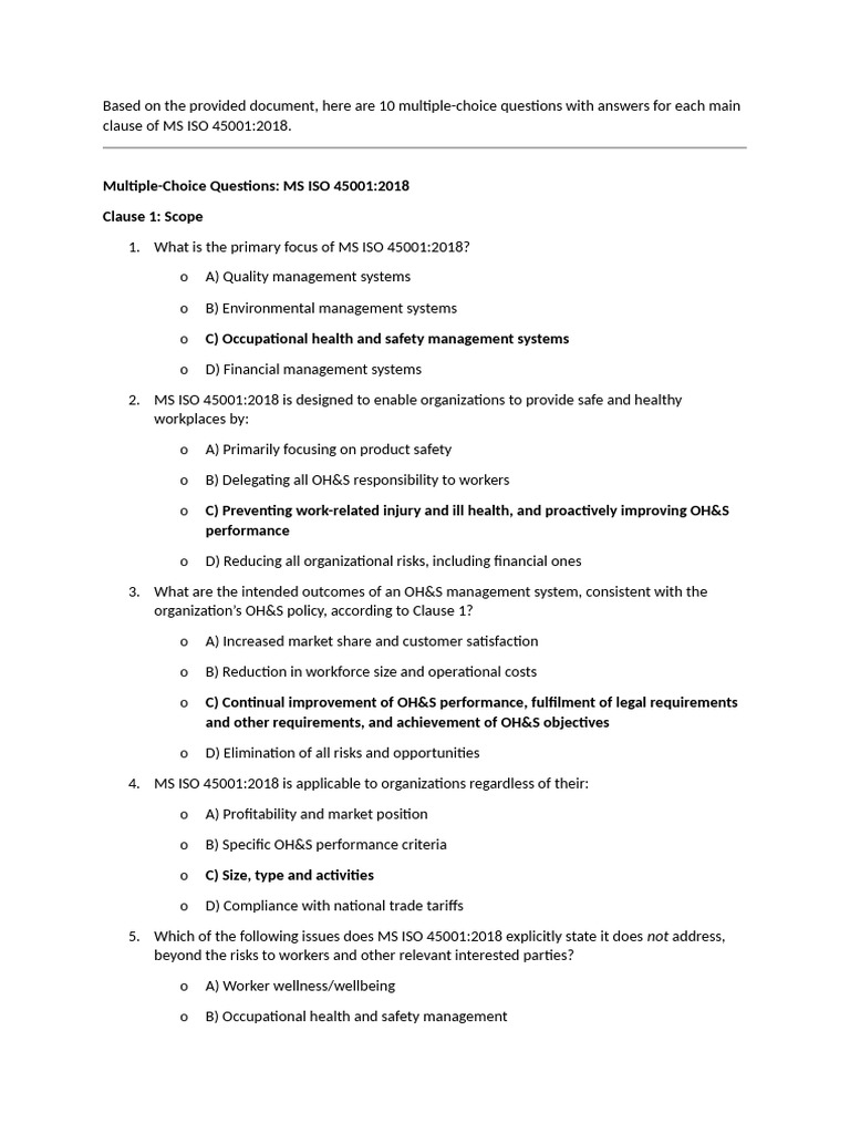 MS Iso 450012018 MCQ | PDF | Audit | Occupational Safety And Health