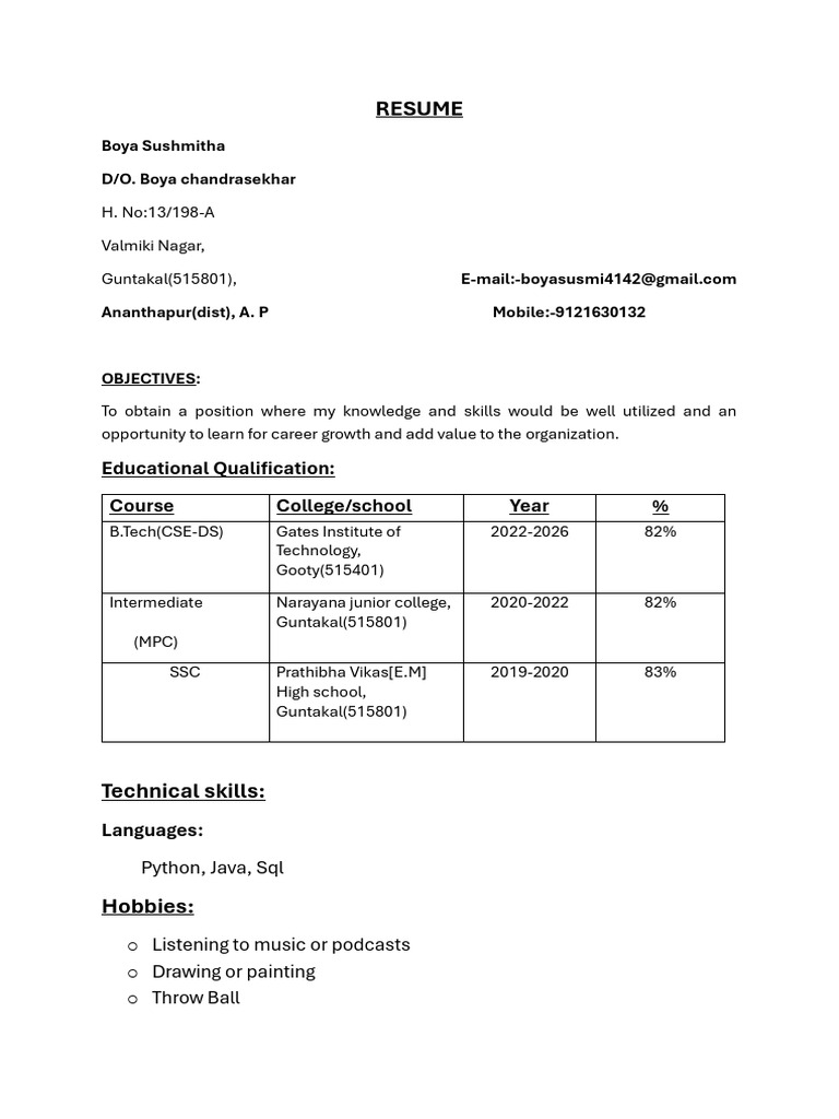 B.Tech CSE Resume of Boya Sushmitha | PDF