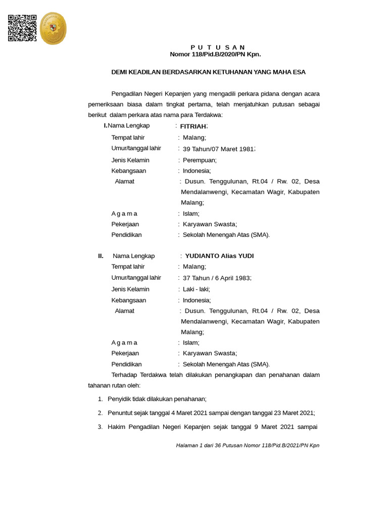 Putusan Pidana FITRIAH dan YUDIANTO | PDF