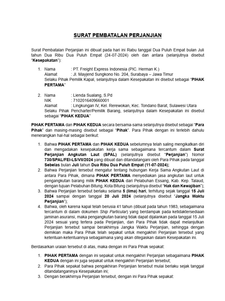 Surat Pembatalan Perjanjian | PDF