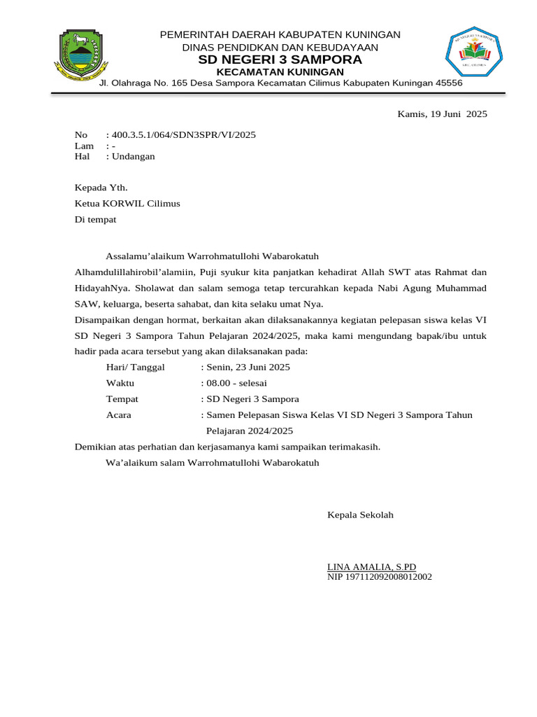 Undangan Pelepasan Siswa Kelas VI SDN 3 Sampora | PDF