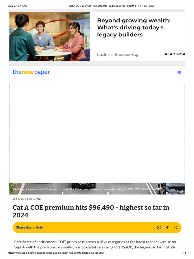 Cat A COE Premium Hits $96,490 - Highest So Far in 2024 - The New Paper ...