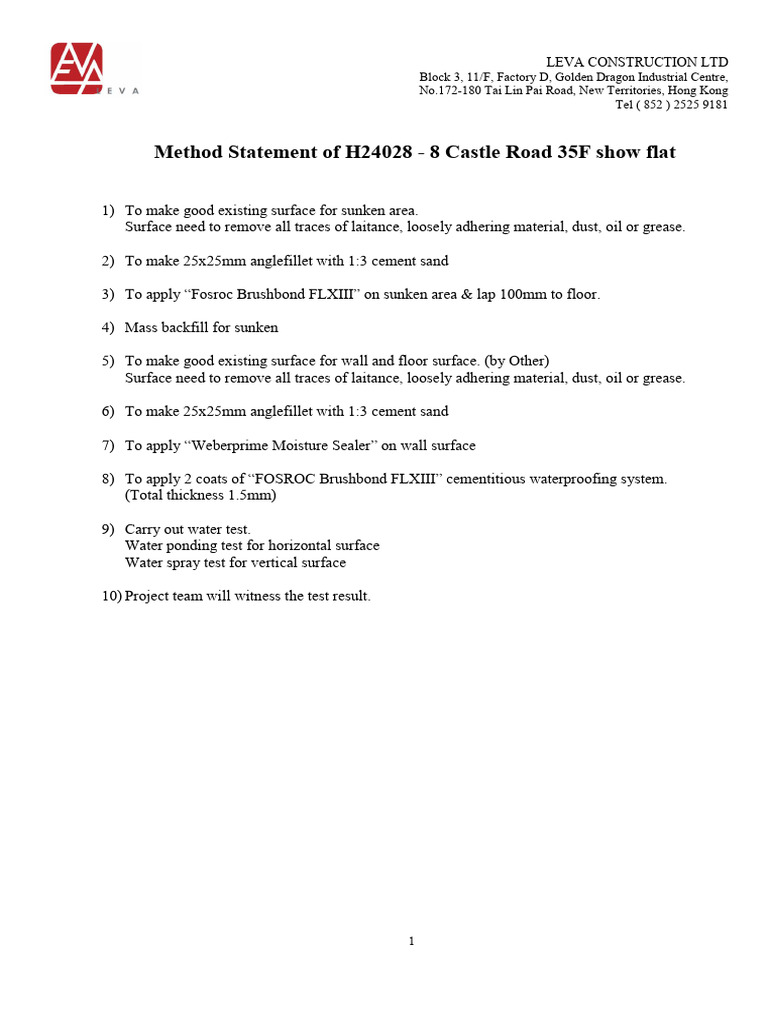 Waterproofing Method Statement Guide | PDF | Materials | Building ...