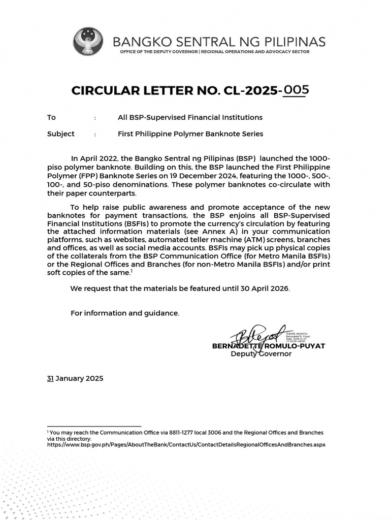 BSP Circular Letter No CL-2025-005 | PDF | Banknote | Foreign Exchange ...
