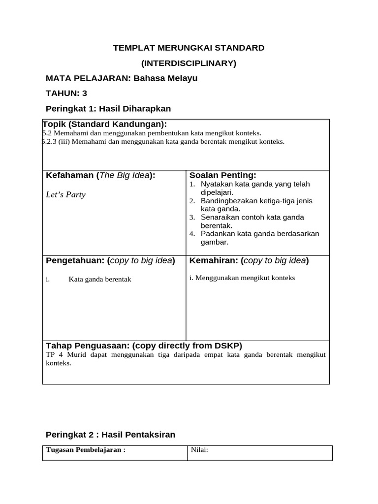 Templat Merungkai Standard BM Tahun 3 | PDF