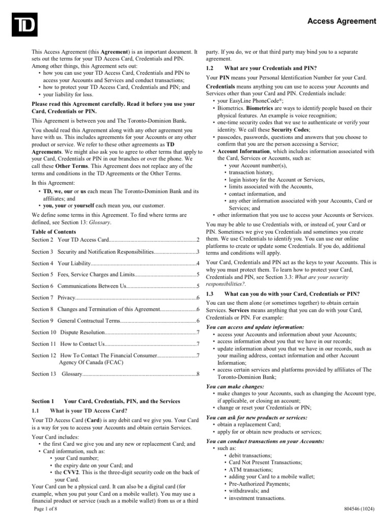 TD Access Agreement Overview | PDF | Debit Card | Personal ...