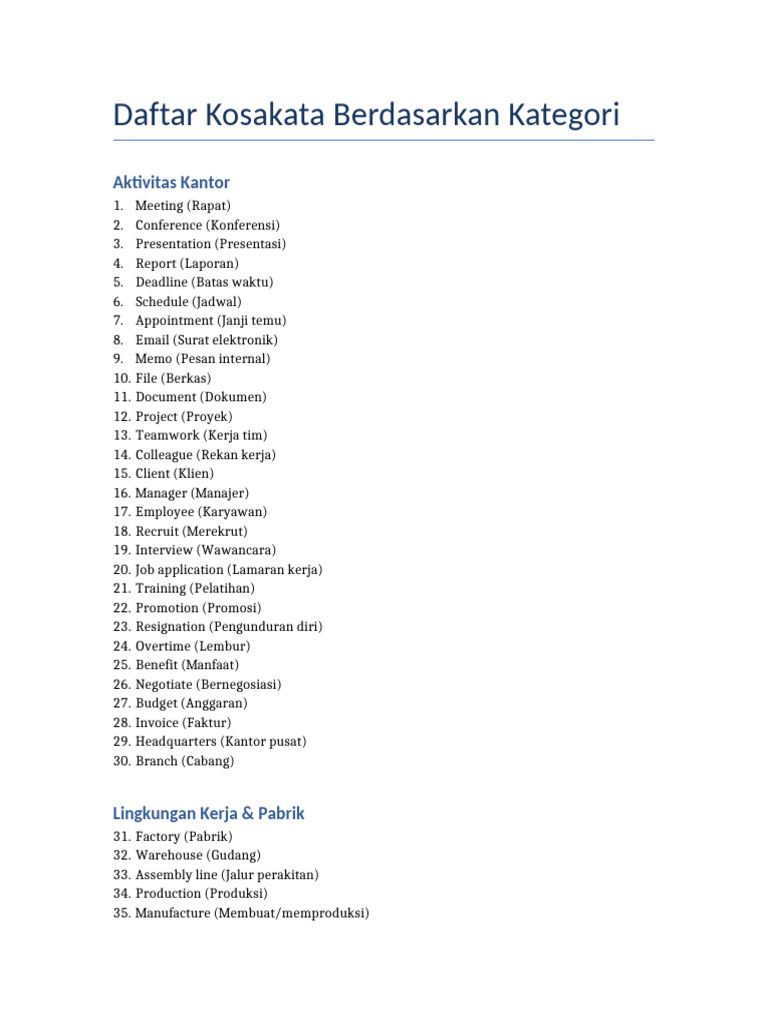 Daftar Kosakata TOEIC Berdasarkan Kategori | PDF
