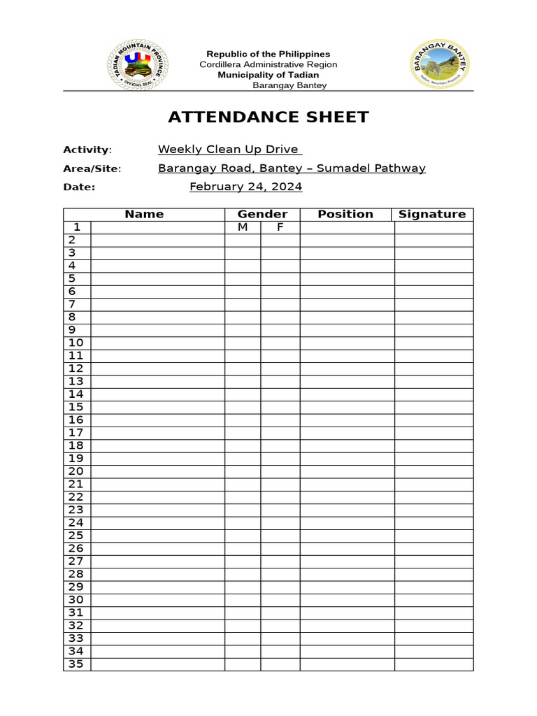 Tadian Barangay Bantey Clean Up Attendance | PDF