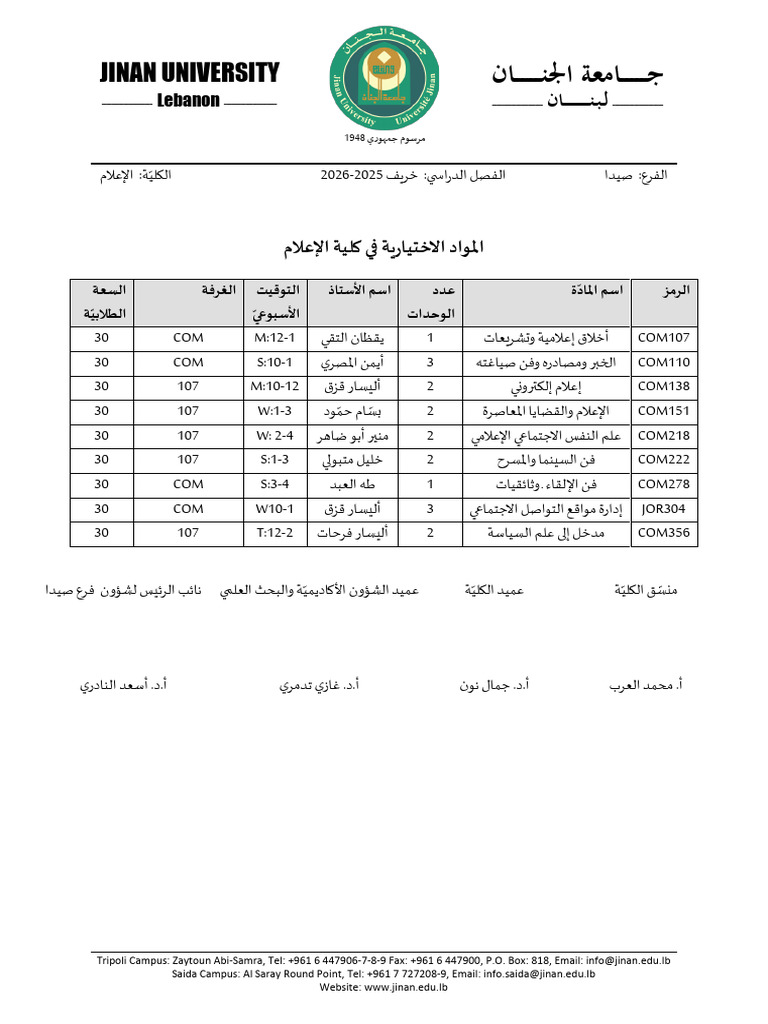 Elective Courses - COM Saida - Fall 2025-2026 | PDF