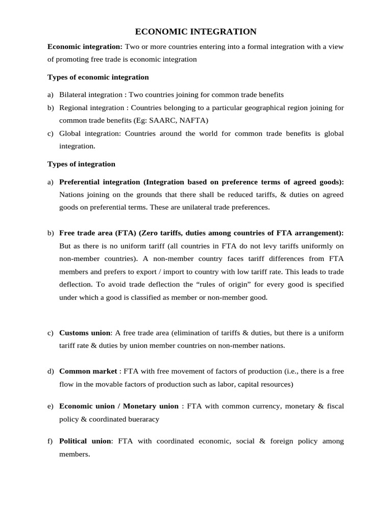 Five Levels of Economic Integration | PDF | Economic Integration | Tariff