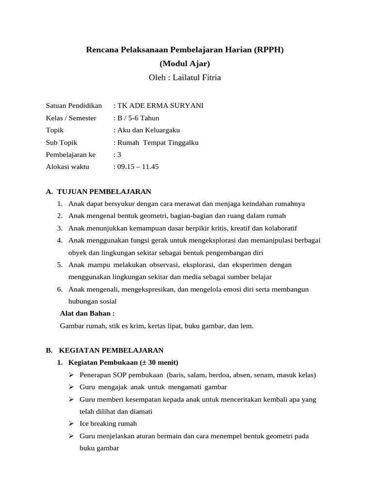RPPH PAUD: Aku dan Keluargaku | PDF