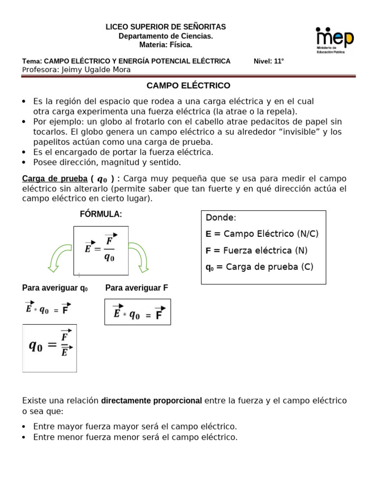 Campo Eléctrico y Energía Potencial | PDF | Electricidad | Energía ...