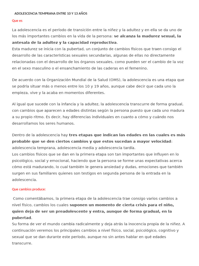 Cambios en la Adolescencia Temprana | PDF | Adolescencia | Pubertad