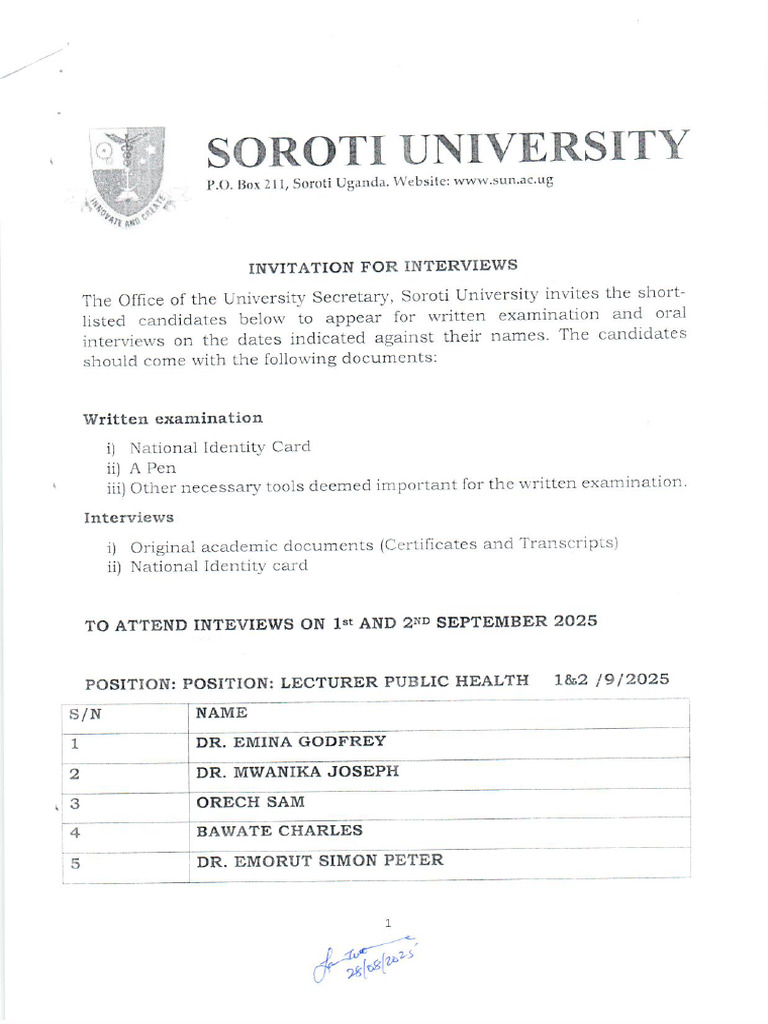 Soroti University Job Interview Shortlist | PDF
