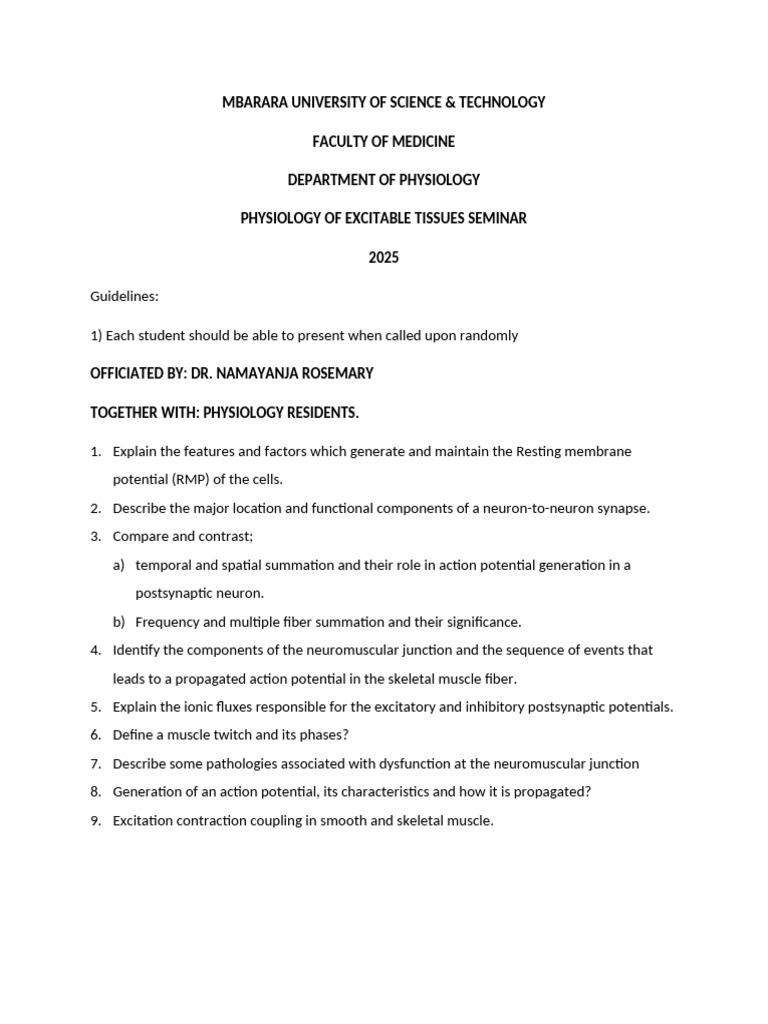 SEMINAR Qns For Excitable Tissues | PDF