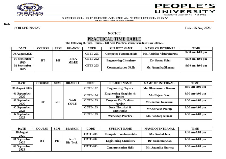 Practical Time Table (Students) BT II Sem 2024-25. | PDF | Science ...