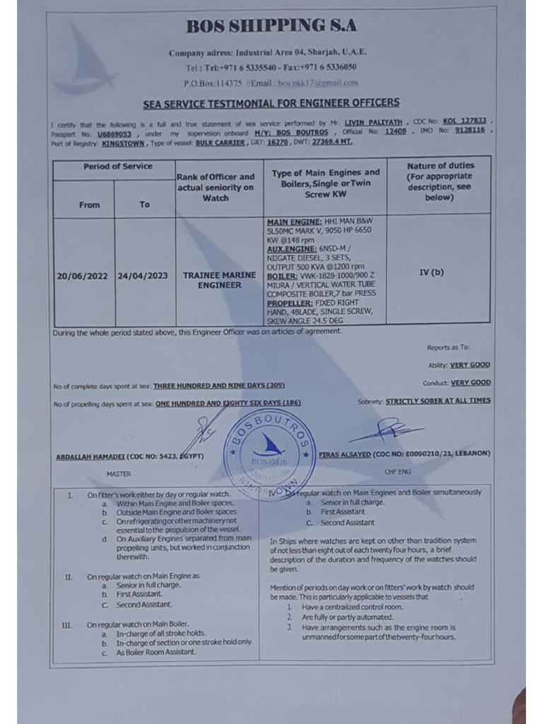 Bos Boutros Chief Engineer Sign | PDF