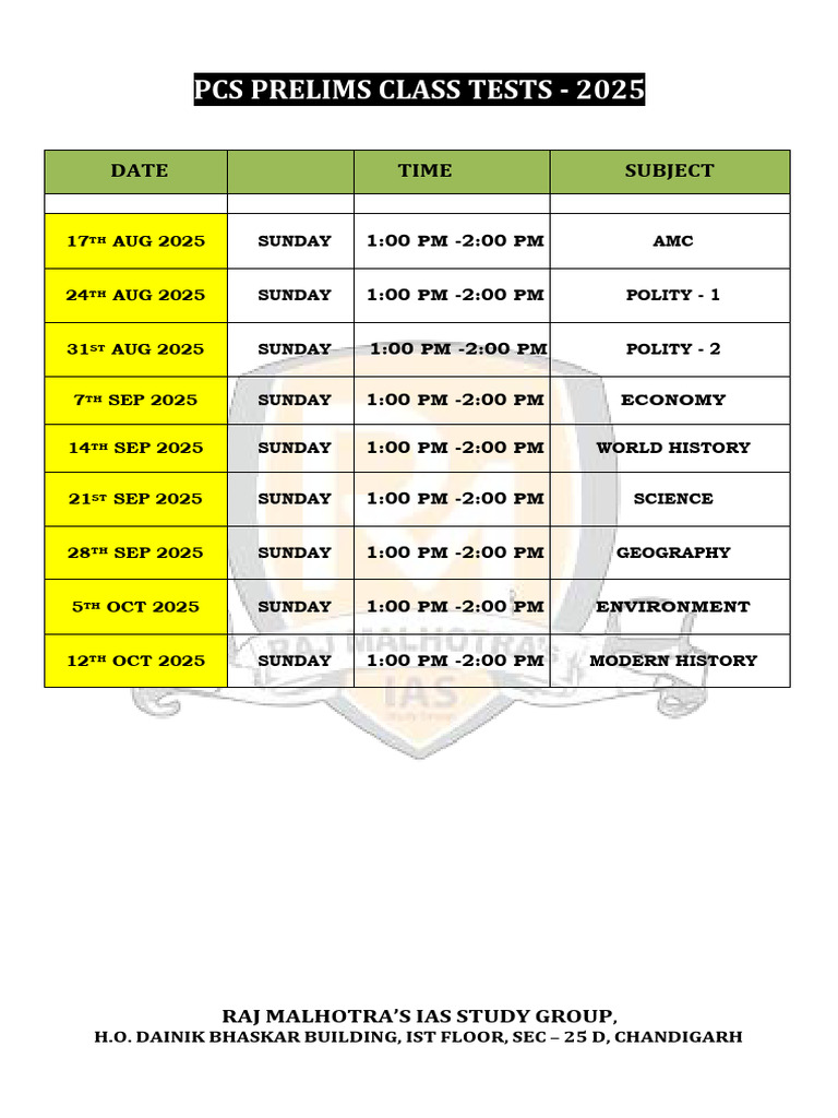 Class Tests Schedule - PCS Prelims Test | PDF