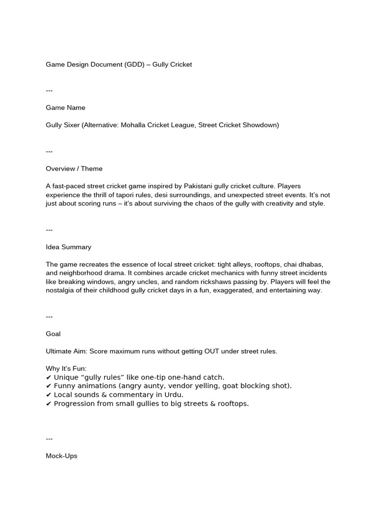 Gully Sixer: Street Cricket Game Design | PDF