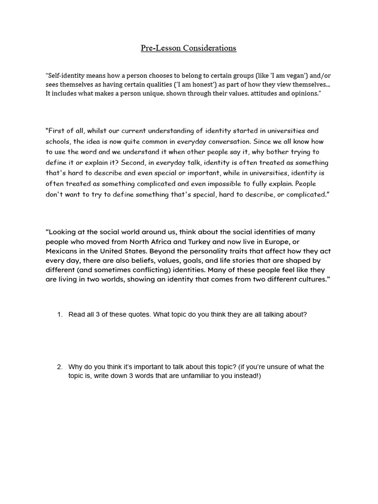 Pre-Lesson Considerations (Defining Identity) | PDF