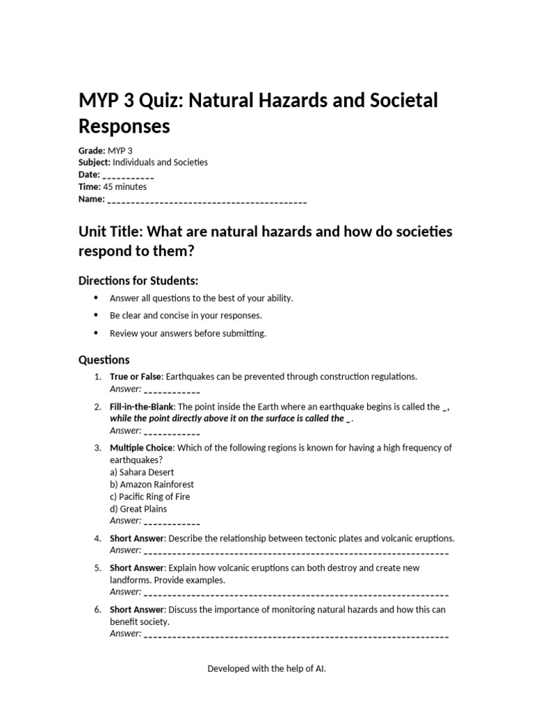 MYP 3 Quiz on Natural Hazards | PDF | Natural Disasters | Volcano