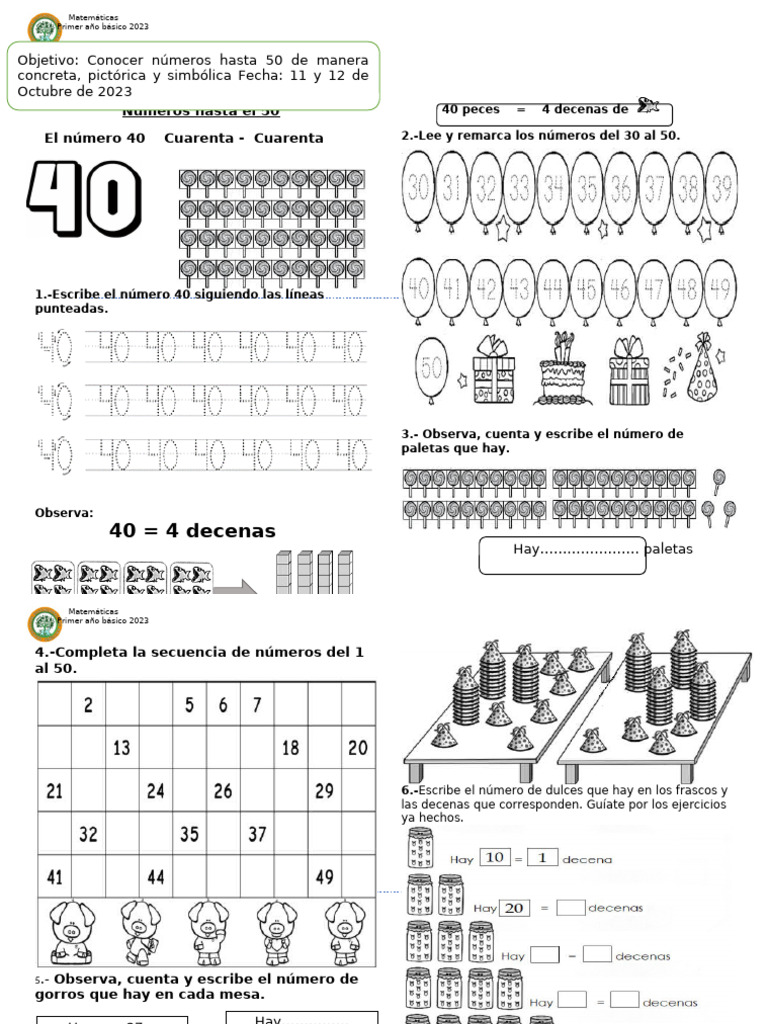 Matemáticas Primer Año: Números 0-100 | PDF | Secuencia