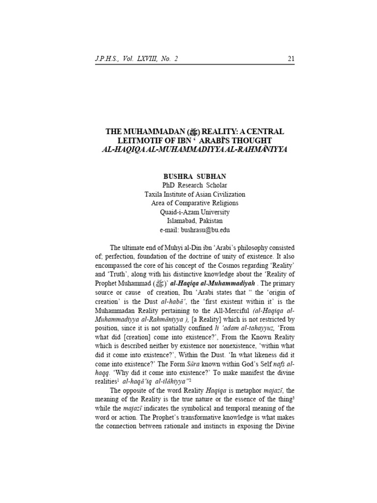 The Muhammadan Reality in Ibn 'Arabi's Thought | PDF | God In Islam | Soul