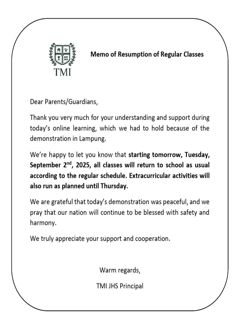 Memo of Resumption of Regular Classes | PDF