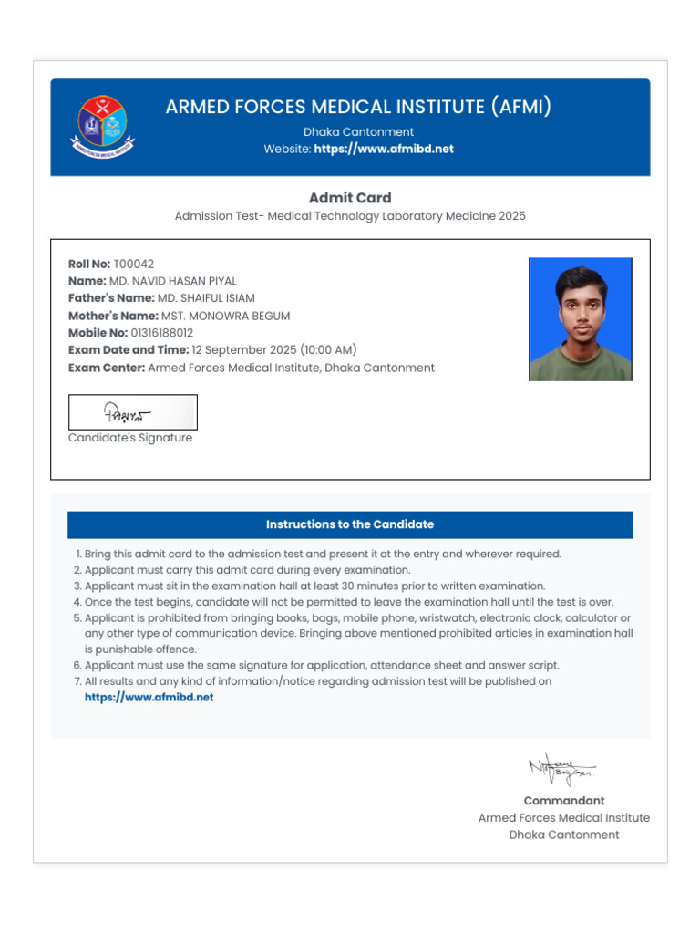 Student Admit Card - AFMI | PDF