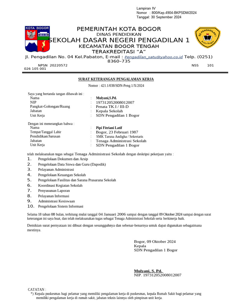 Surat Keterangan Pengalaman Kerja SDN | PDF