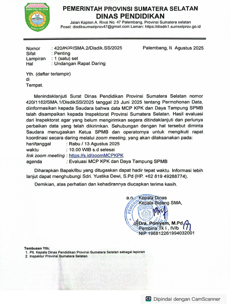 Undangan Zoom Evaluasi MCP KPK Dan Daya Tampung | PDF