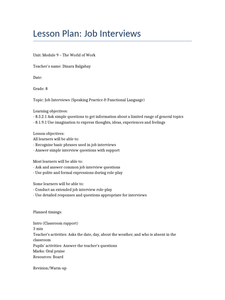 Job Interview Lesson Plan for Grade 8 | PDF | Job Interview | Teachers