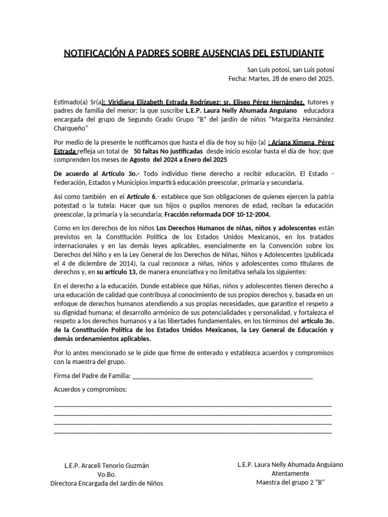Notificación A Padres Sobre Ausencias Del Estudiante Lili | PDF ...