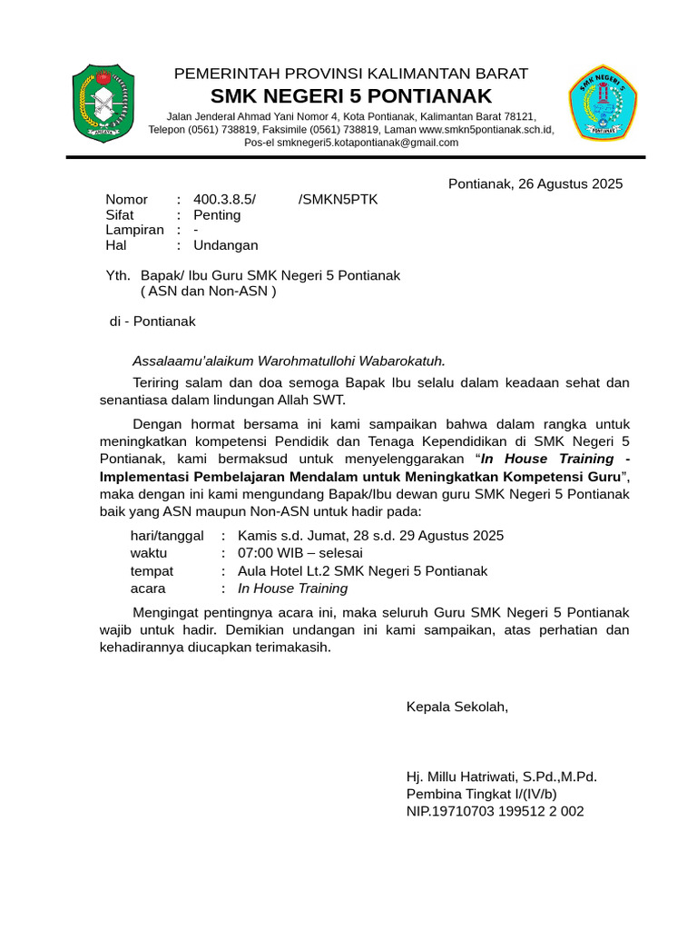Undangan In House Training Guru SMK 5 | PDF