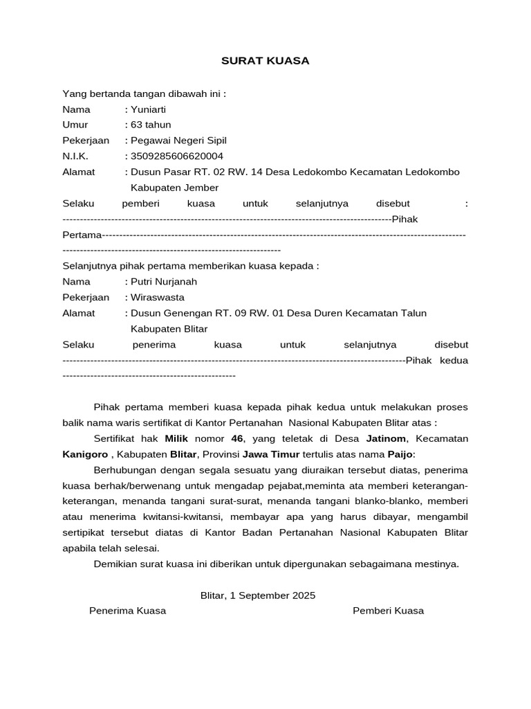 Surat Kuasa Balik Nama Sertifikat | PDF