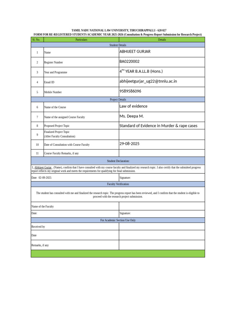TNNLU Re-Registration Form 2025-2026 | PDF | Academic Degree ...
