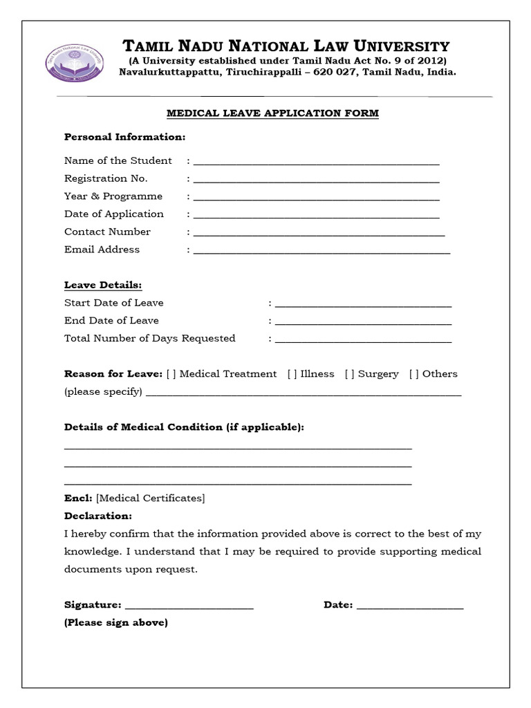Medical Leave Application Form Tamil | PDF