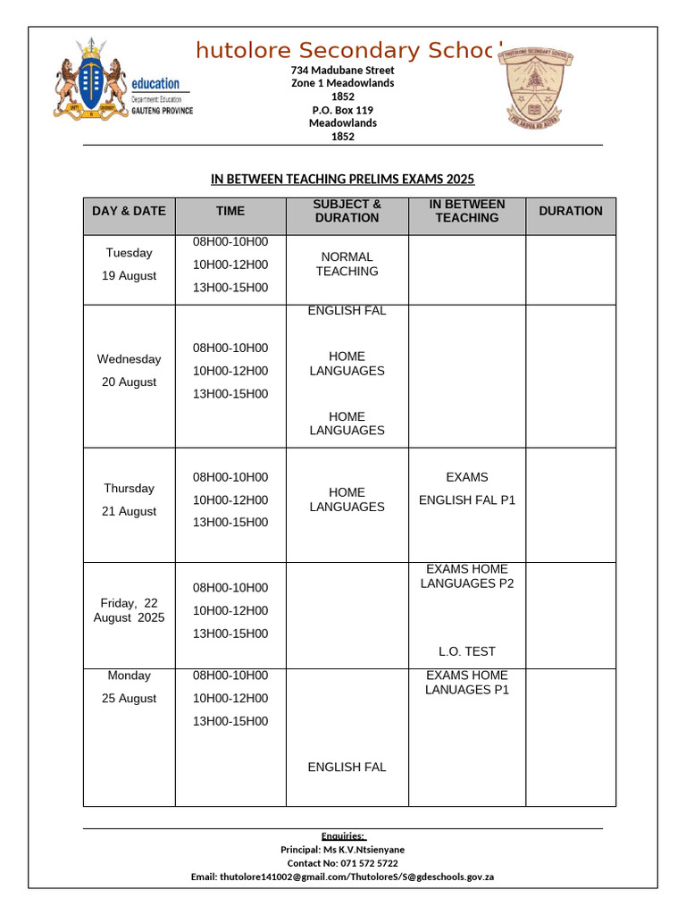 Prelims in Between Teaching Timetable 2025 | PDF