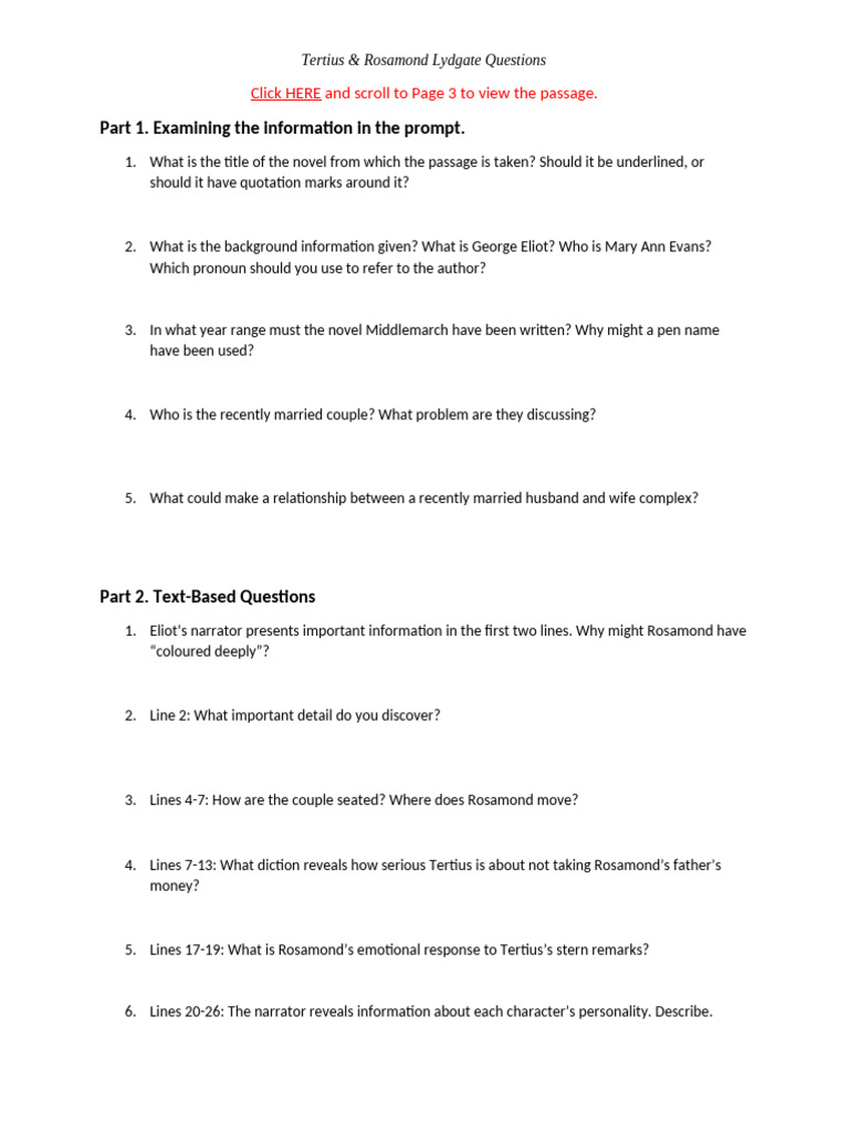 Tertius and Rosamond Lydgate Questions | PDF | Middlemarch