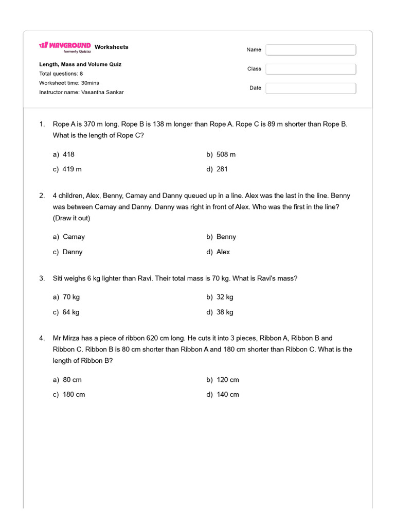 Length, Mass and Volume Quiz - Wayground | PDF