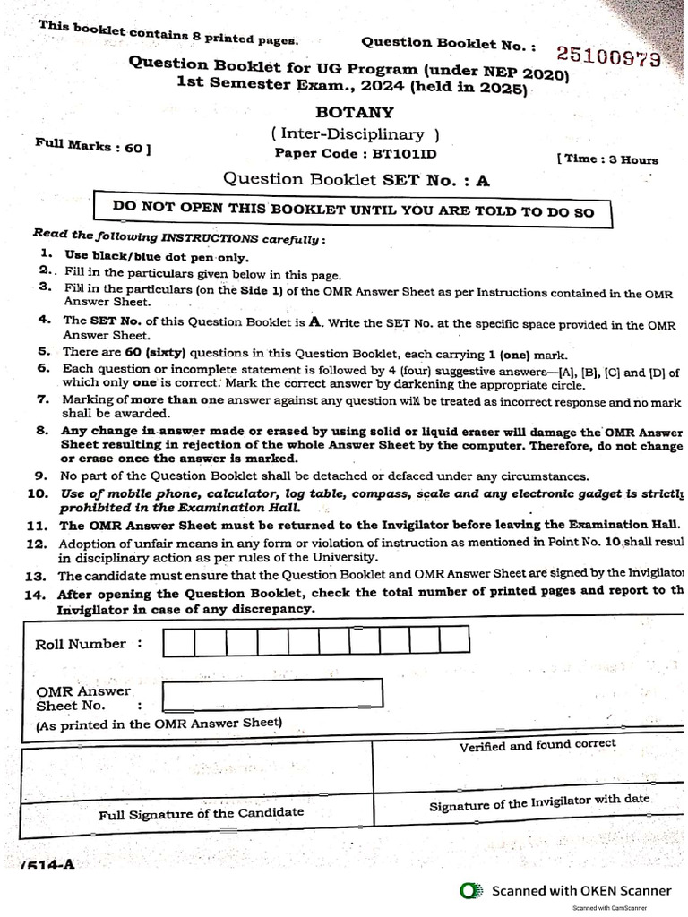 Botany 1st Sem 2025 Inter-Disciplinary (BT101ID) | PDF