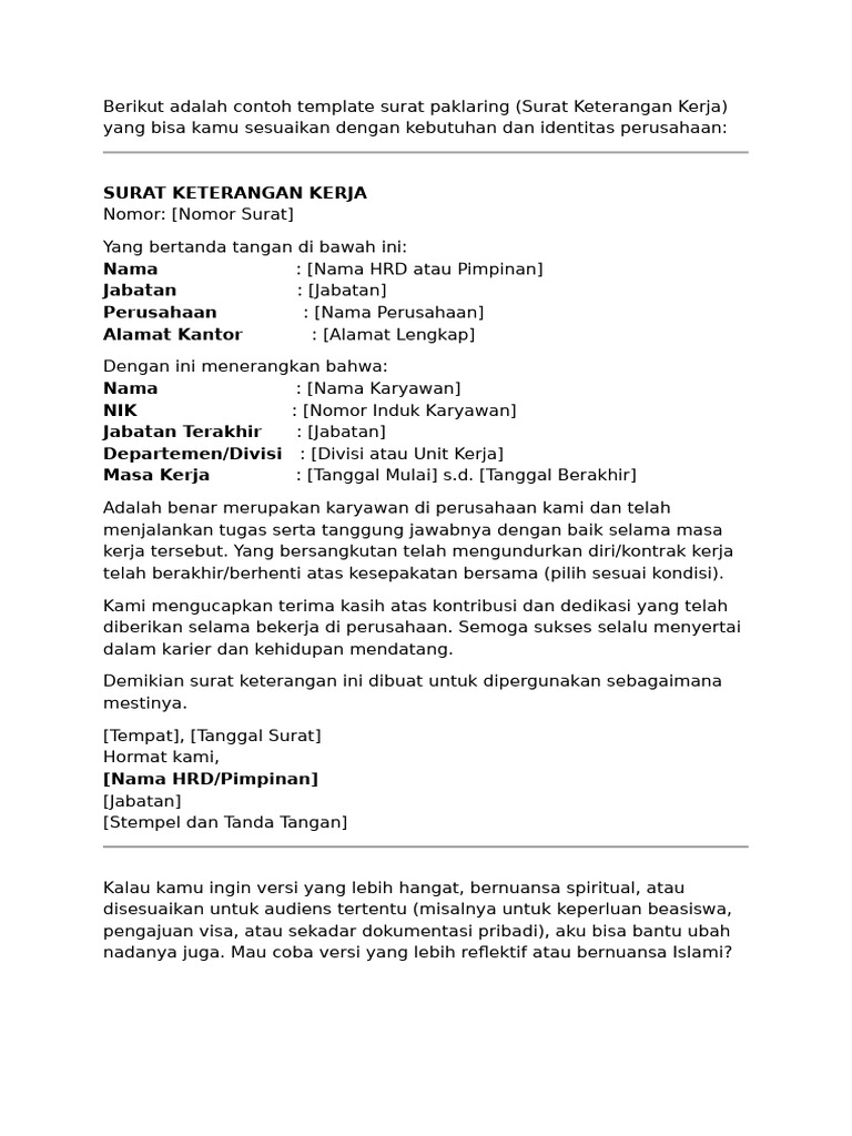 Contoh Template Surat Paklaring | PDF