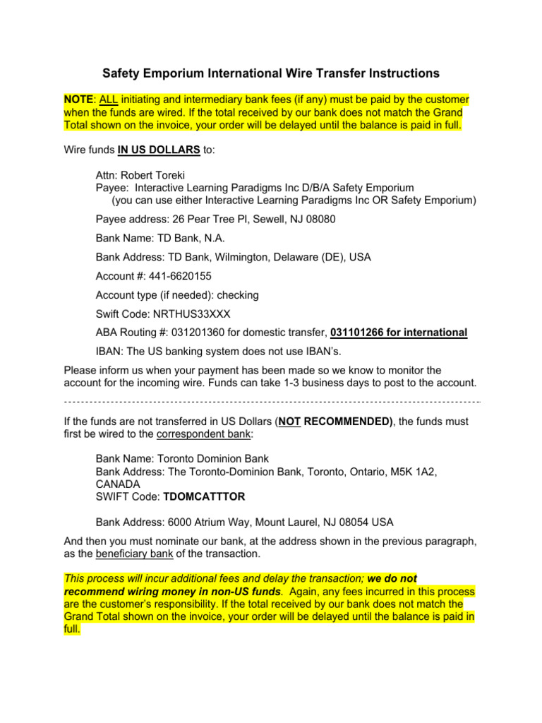 TD Bank Wire Transfer Instructions | PDF