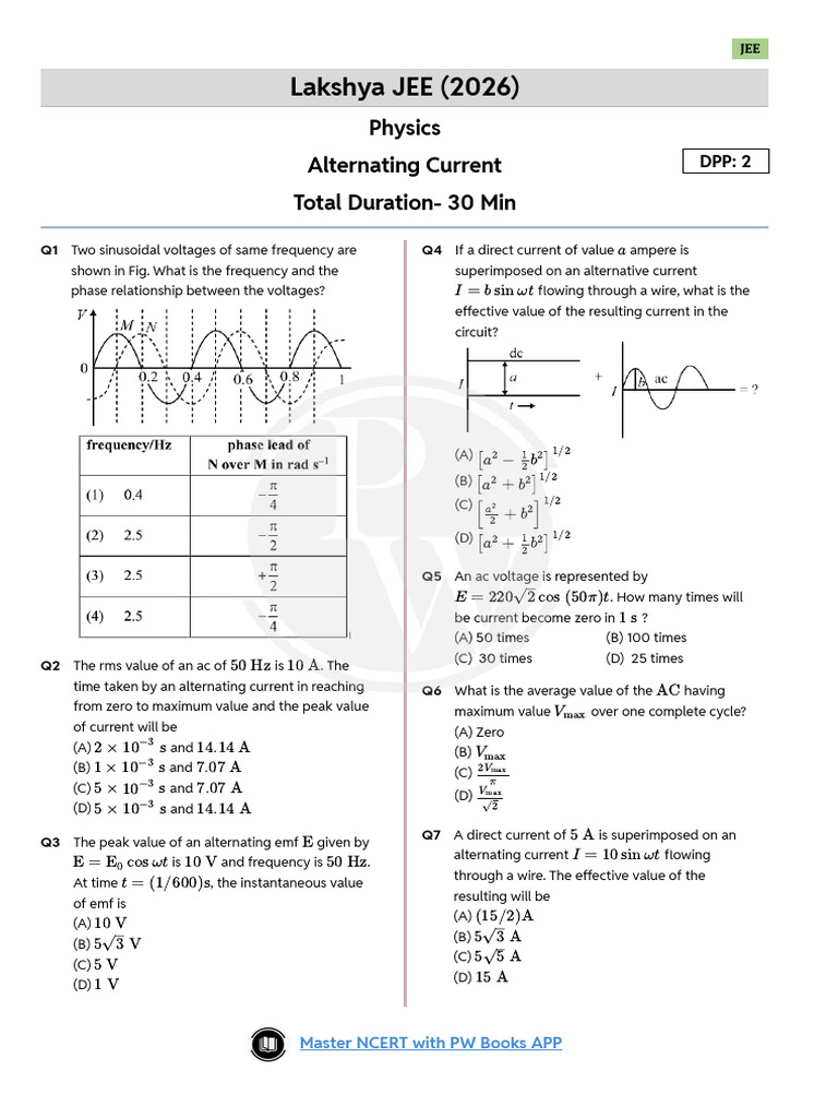 Alternating Current - DPP 02 (Of Lec 03) - Lakshya JEE 2026 | PDF | Alternating Current | Root ...