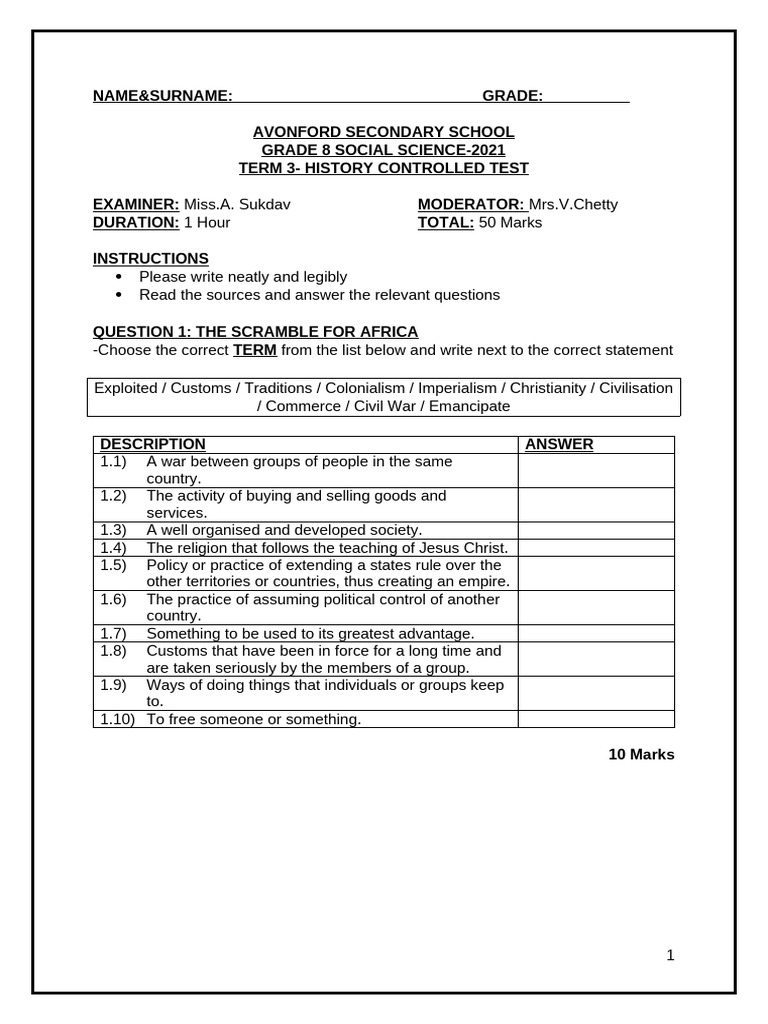 GR 8 Term 3 History Test | PDF | Colonialism | Jesus