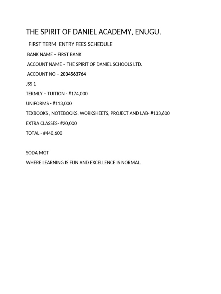 Spirit of Daniel Academy Fees Structure | PDF