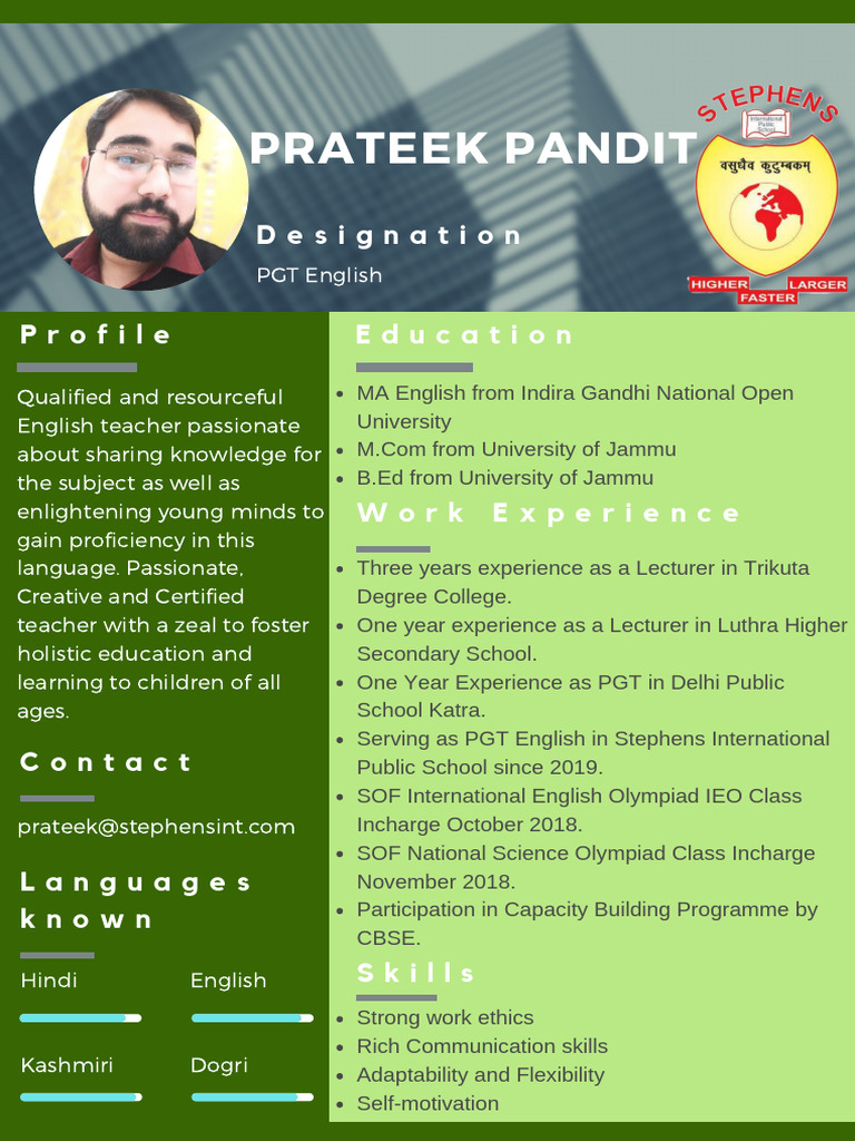 Experienced PGT English Teacher Profile | PDF