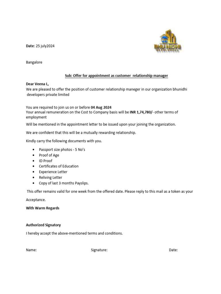 Customer Relationship Manager Offer Letter | PDF | Government And ...